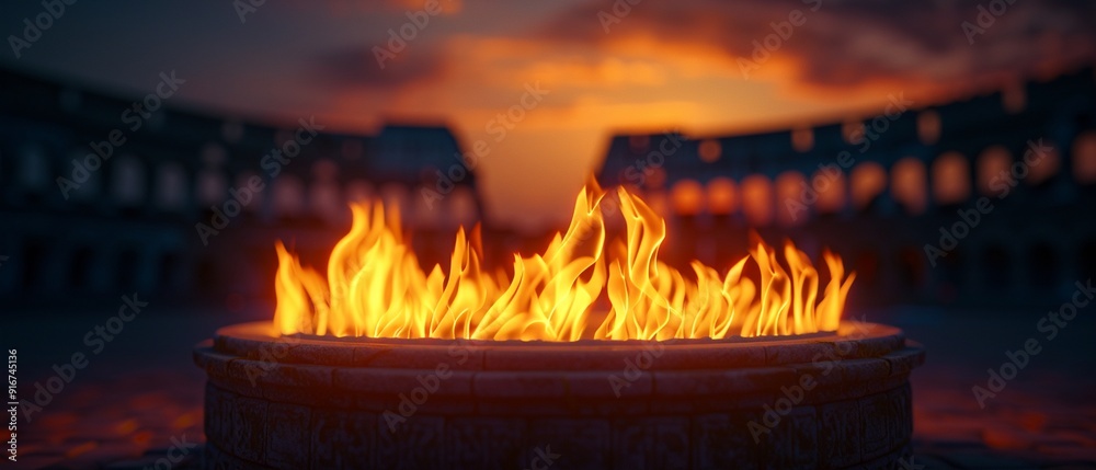 Olympic flame with flickering flames set against the Coliseum ...