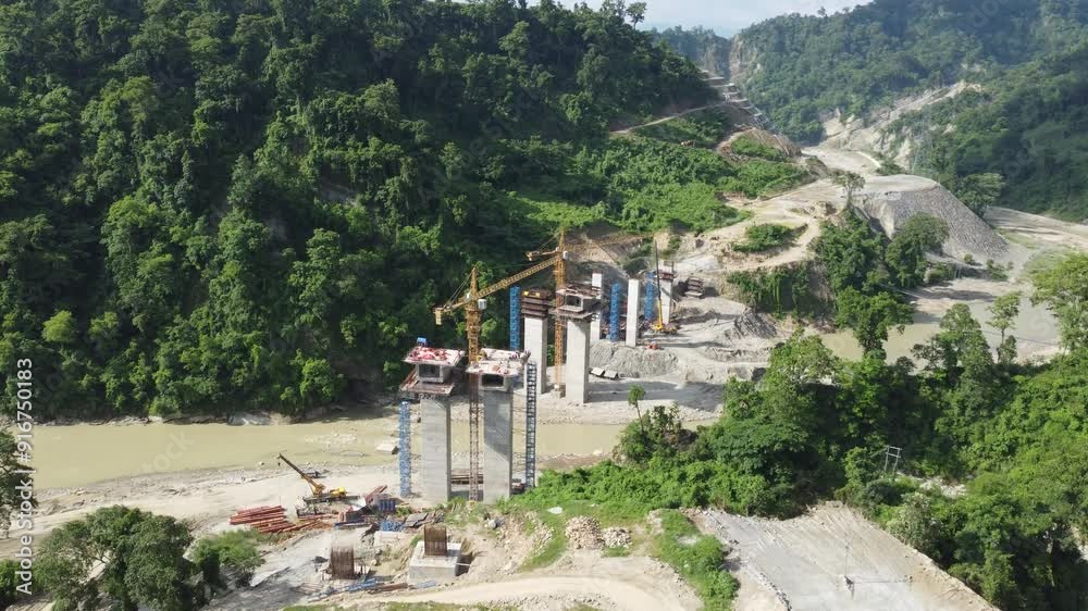 Aerial view of highway road construction in Nepal. Construction site ...
