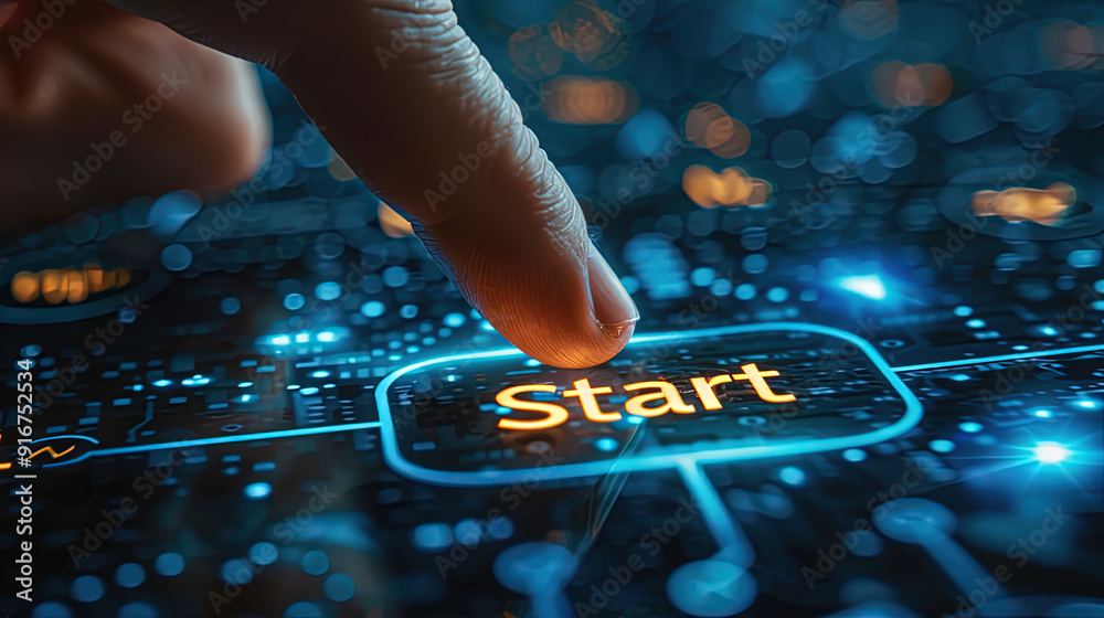 Finger pushing futuristic neon start button , beginning of a process or ...