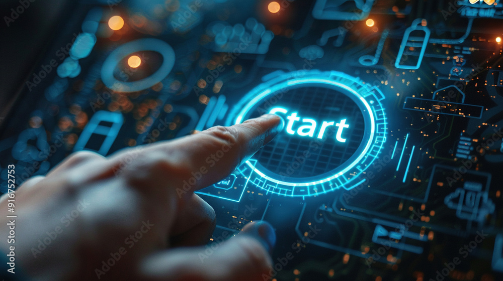 Finger pushing futuristic neon start button , beginning of a process or ...