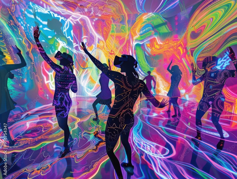 Create a vibrant digital artwork of a virtual reality dance party ...