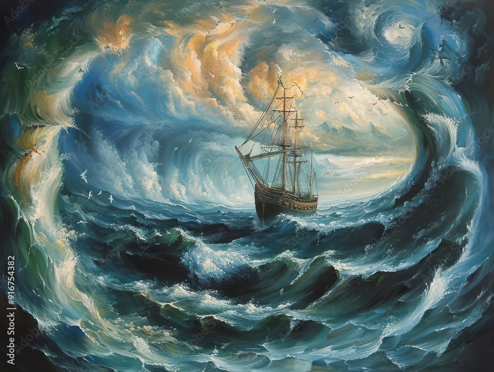 Explore a tilted angle view of a ship on stormy seas, depicting the ...