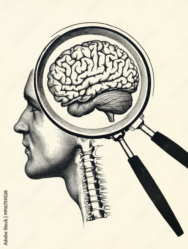 Artistic illustration of a human brain magnified under a lens, focusing ...