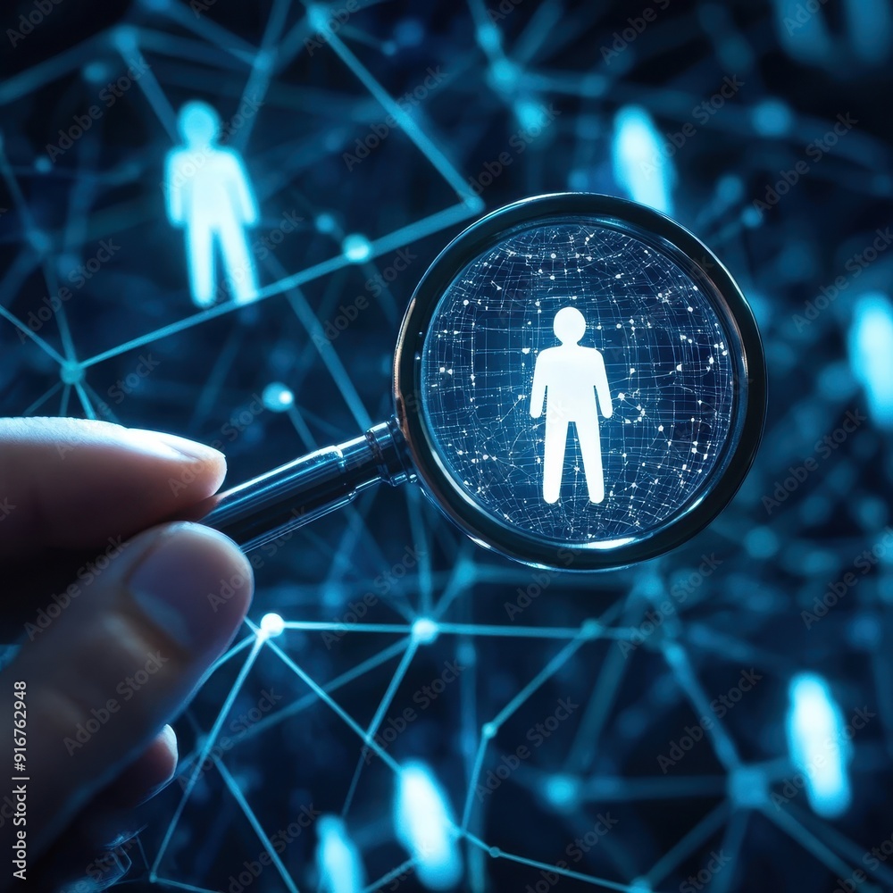 Hand holding magnifying glass focusing on human figure, representing ...