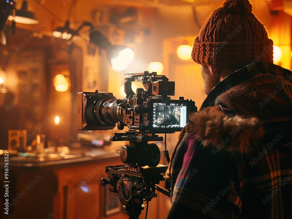 Professional camera focused on a warm lit scene, inviting look into ...