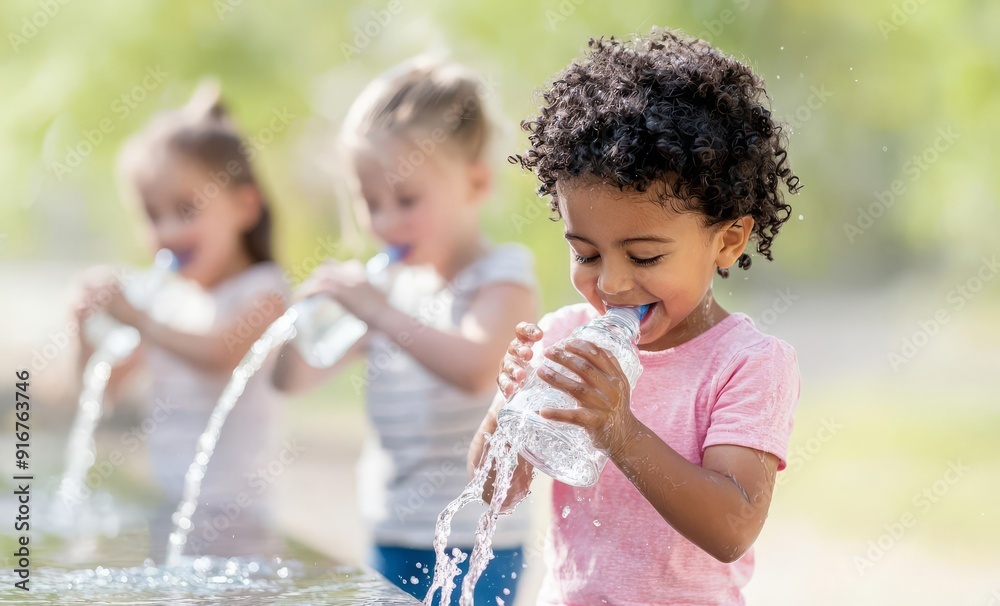 Children playing at a water fountain in a park, joyfully splashing and ...