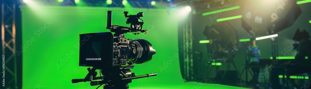 Professional broadcast camera in a green screen studio, ready for ...
