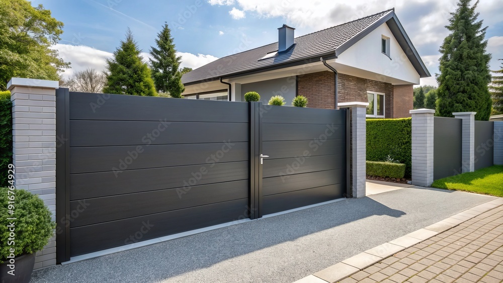 Modern anthracite-colored panel fence with sliding gate leading to ...