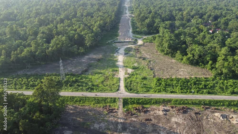 Aerial view of highway road construction in Nepal. Construction site ...
