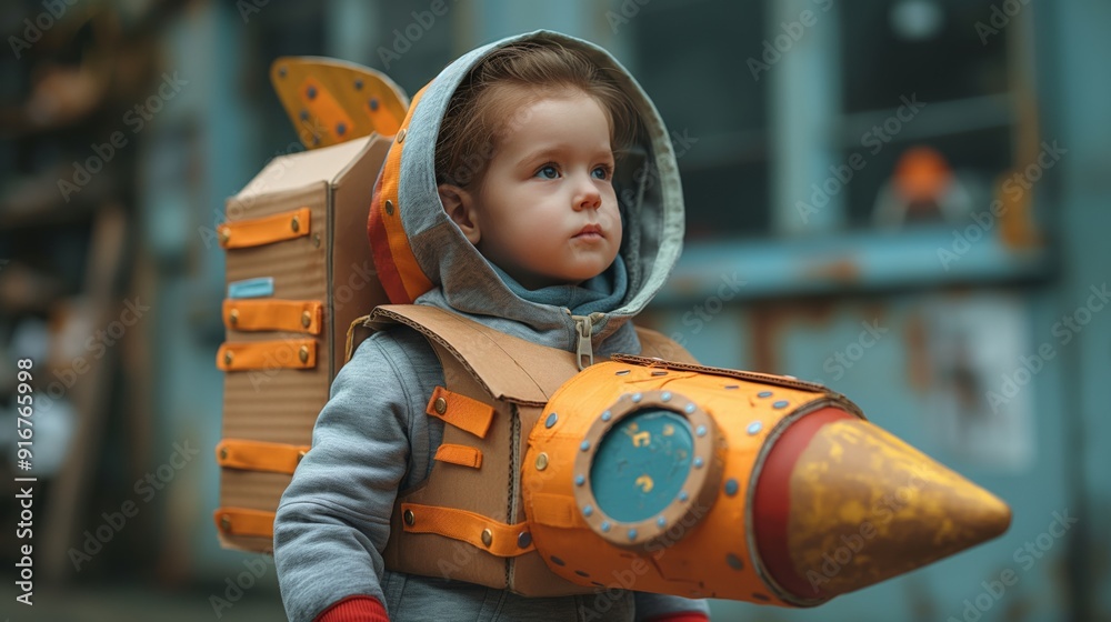 Little Boy Wearing a Handmade Rocket Costume, Imagining Himself as a ...