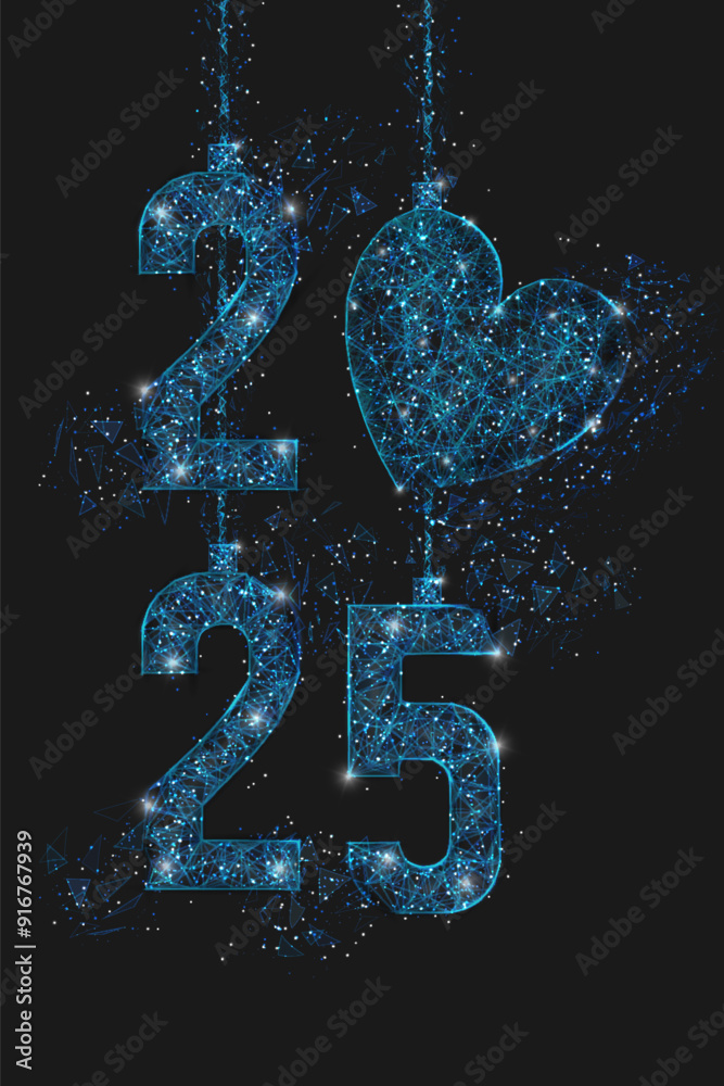 Abstract isolated blue image of new year number 2025. Polygonal low ...