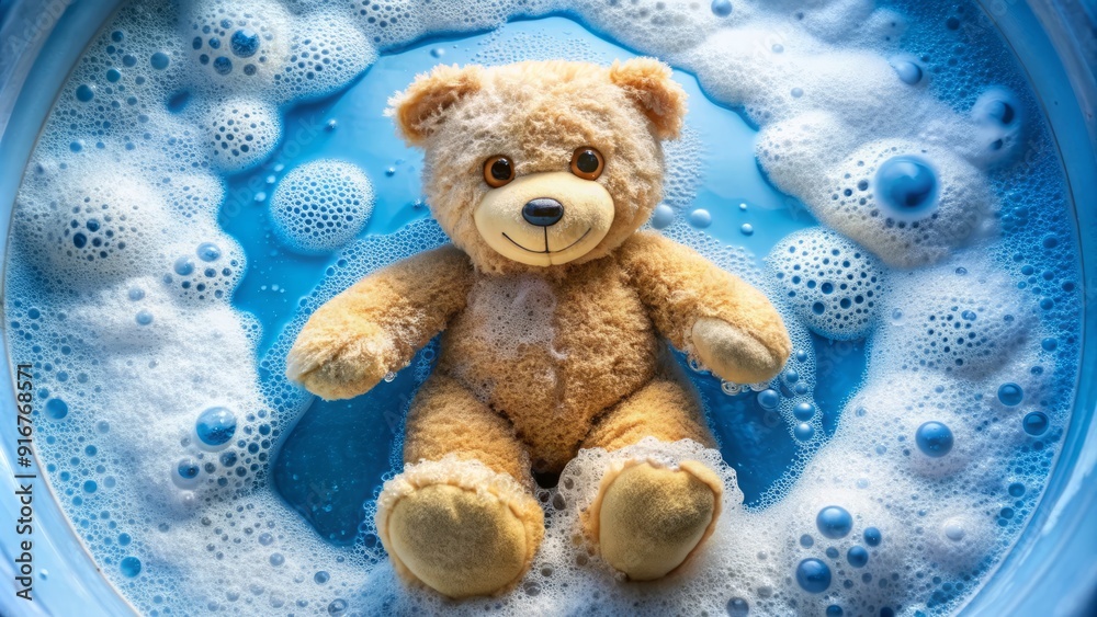 Teddy bear submerged in laundry detergent water mixture, awaiting wash cycle, illustrating ...