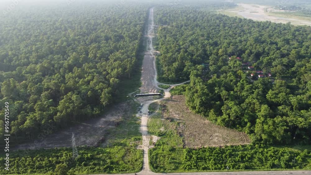Aerial view of highway road construction in Nepal. Construction site ...