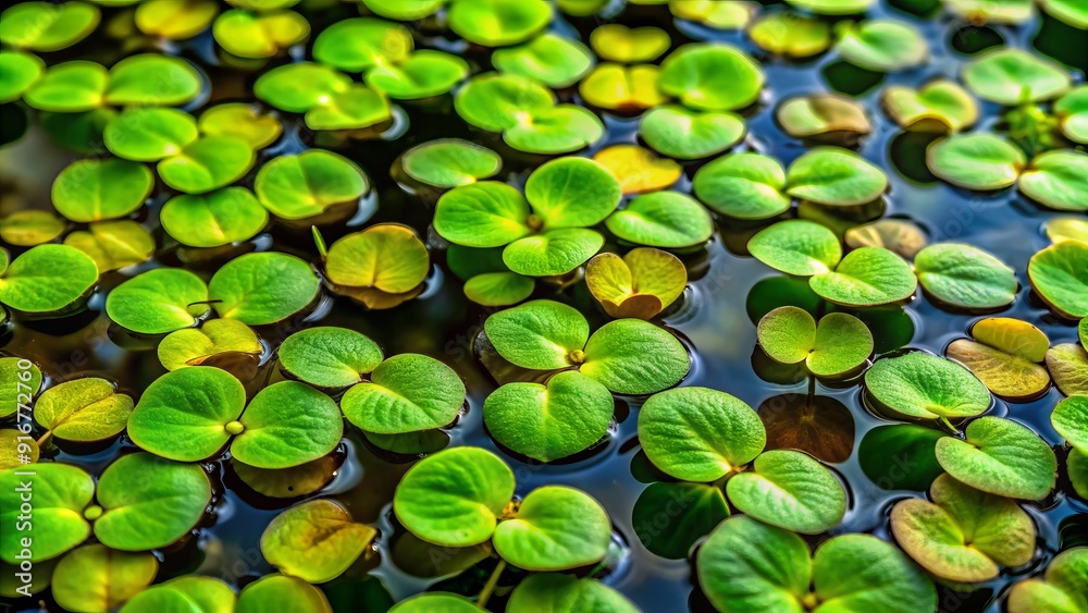 Microscopic green leaves of aquatic plant Lemna perpusilla floating on ...