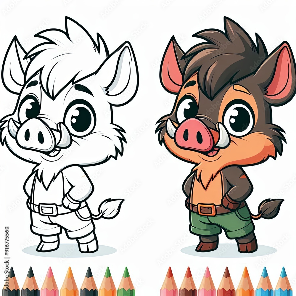 Adorable cartoon boar character coloring page with vibrant colors and ...