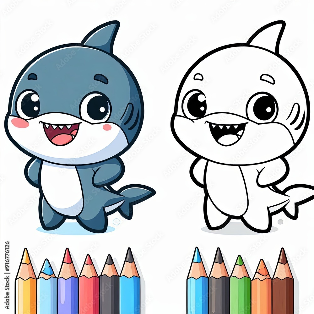 Two adorable cartoon sharks side by side; one is colored while the ...