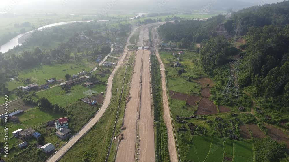 Aerial view of highway road construction in Nepal. Construction site ...