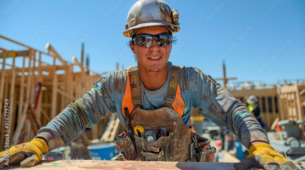 Skilled construction worker smiling at the camera while working on a ...
