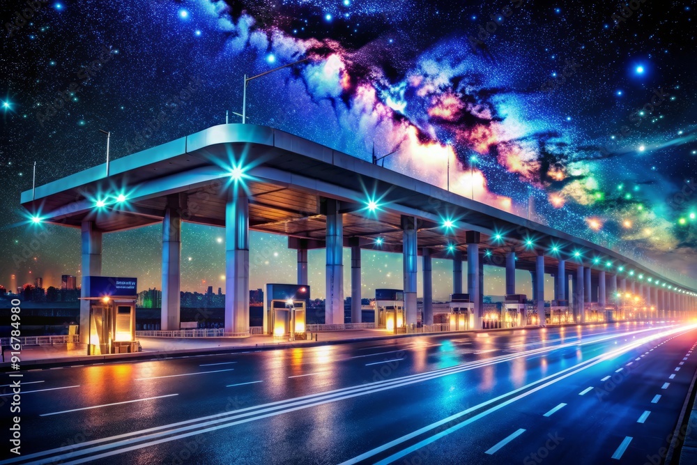 Sleek highway infrastructure with glowing LED lanes, futuristic toll ...
