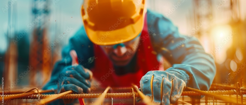 Construction worker in protective gear using equipment to erect a steel ...