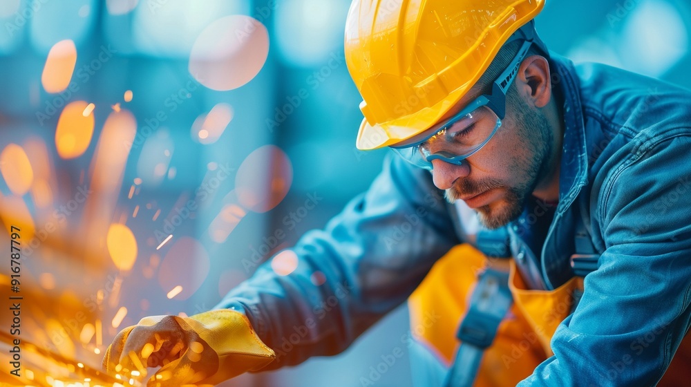 Construction worker in protective gear using equipment to erect a steel ...