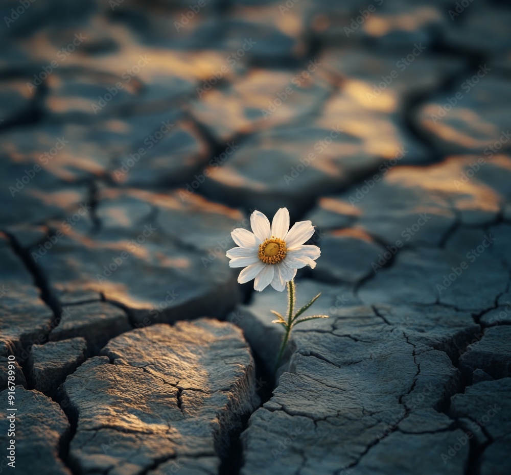 Courageous Bloom: A White Flower Defies the Cracked, Arid Soil ...