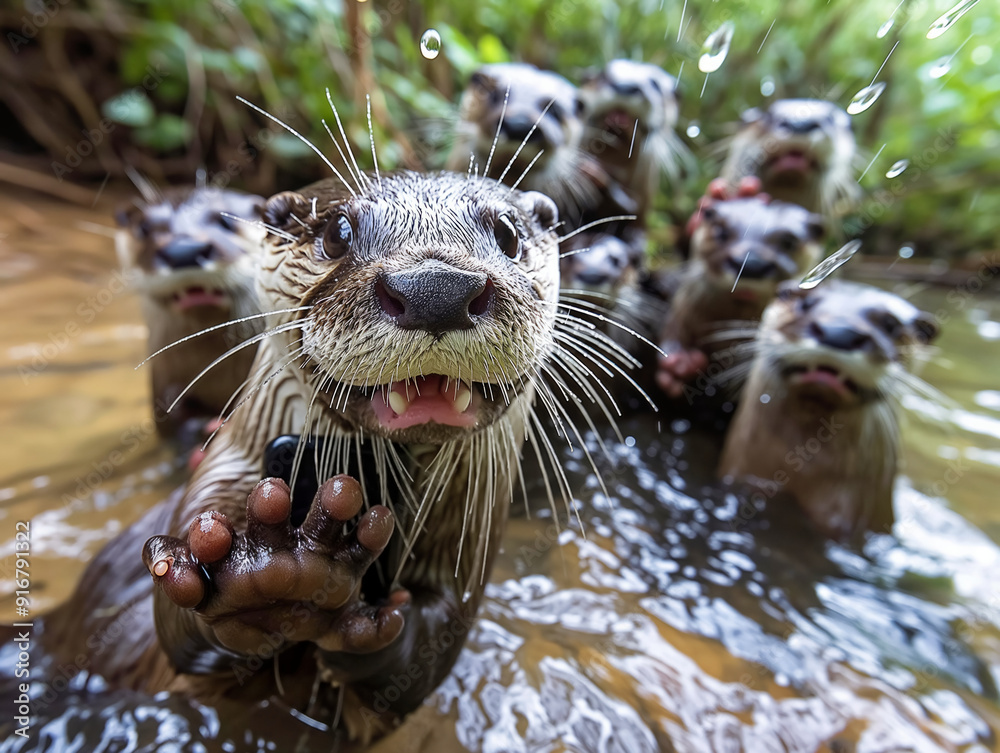 A group of otters are swimming in a river. One of the otters has its ...