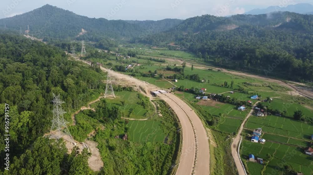 Aerial view of highway road construction in Nepal. Construction site ...