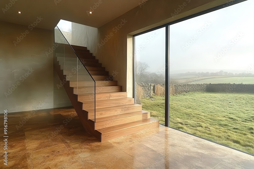 contemporary staircase with floating wooden steps and minimalist glass ...