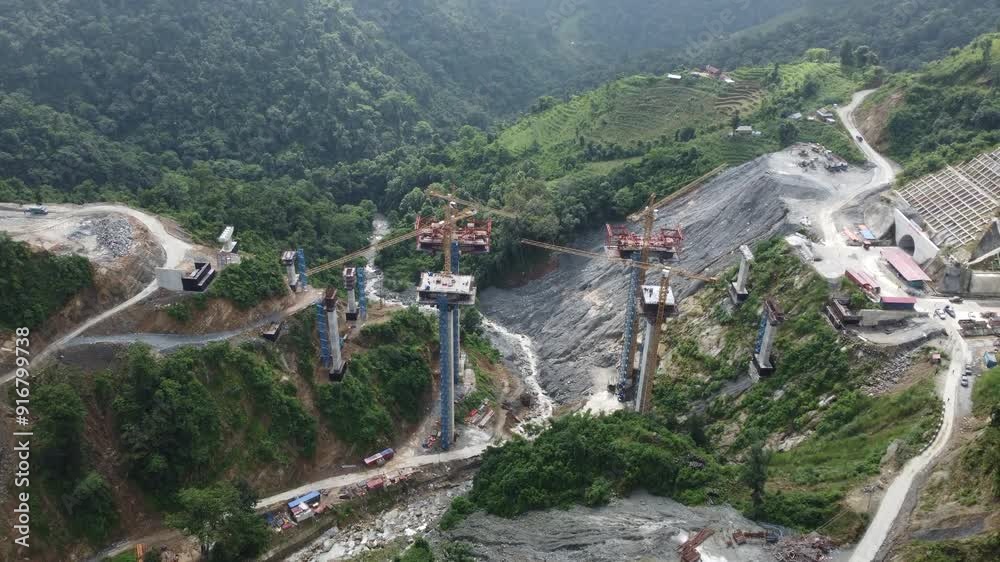 Aerial view of highway road construction in Nepal. Construction site ...