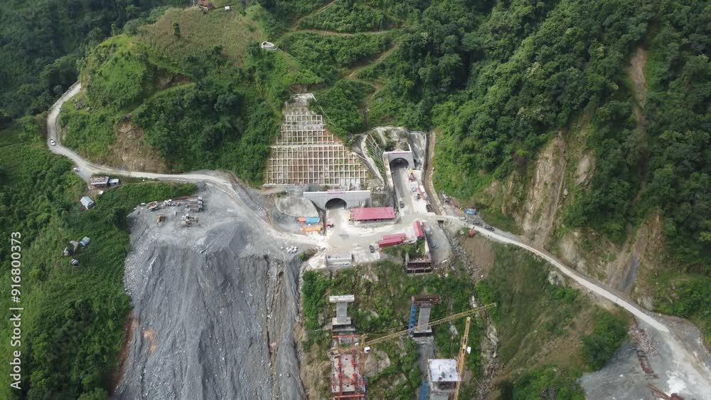 Aerial view of highway road construction in Nepal. Construction site ...
