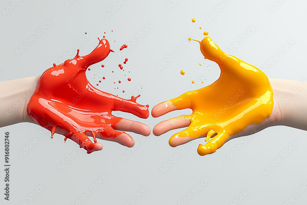 Two hands painted in red and yellow. The red hand is on the left and ...