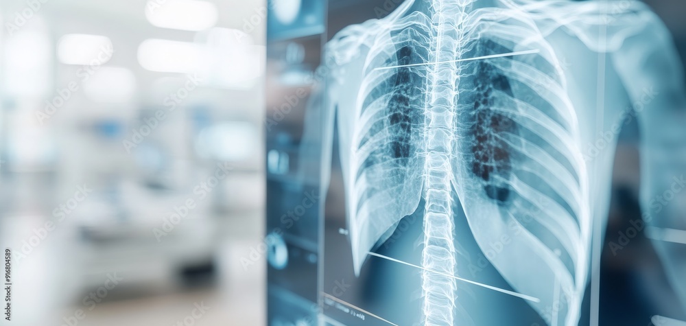 Close-up of a chest X-ray image showing ribcage and spine, displayed on ...