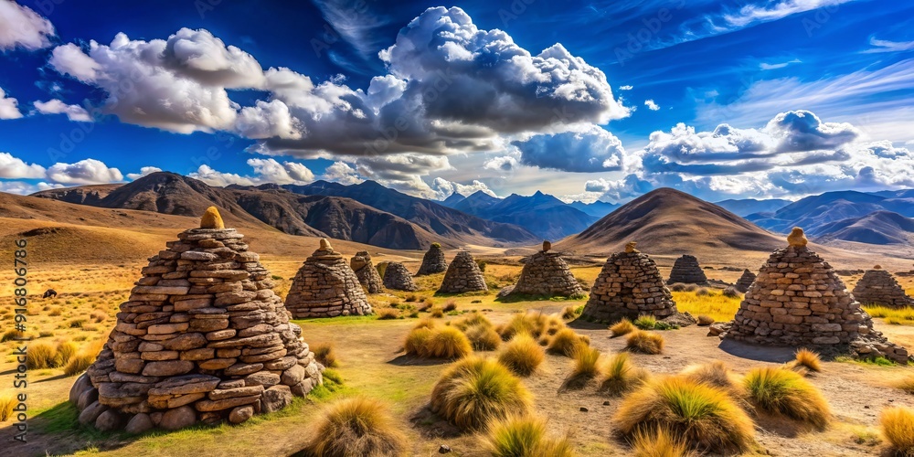 Sacred Andean landscape featuring apachetas, small stone mounds built ...