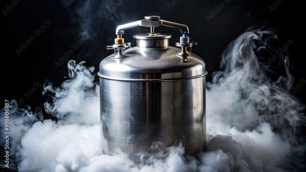 Silver cryogenic tank filled with liquid nitrogen, mist swirling around ...