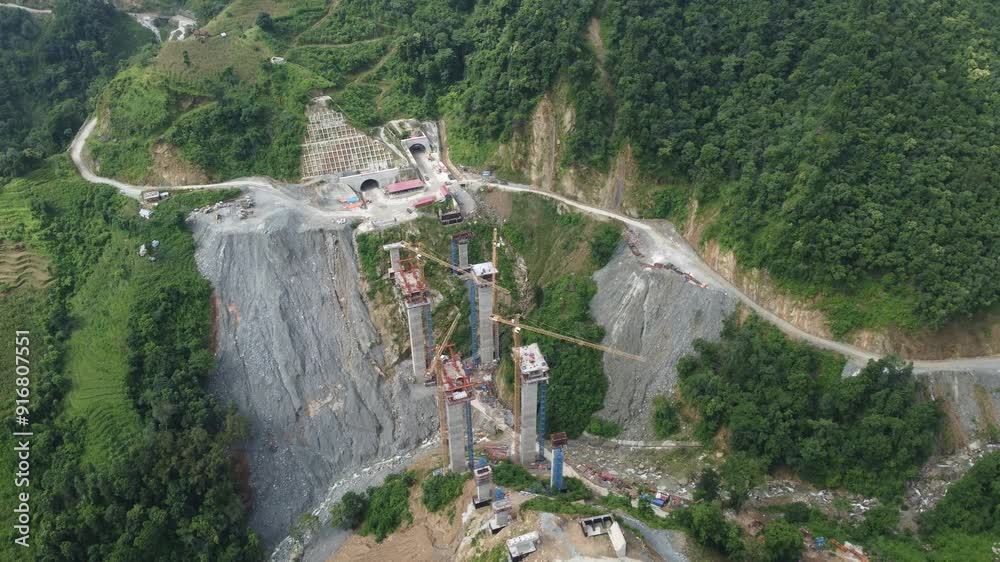 Aerial view of highway road construction in Nepal. Construction site ...