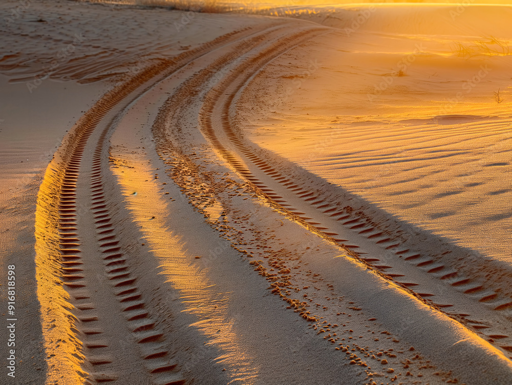 A tire track in the sand with the sun shining on it. The tire track is ...