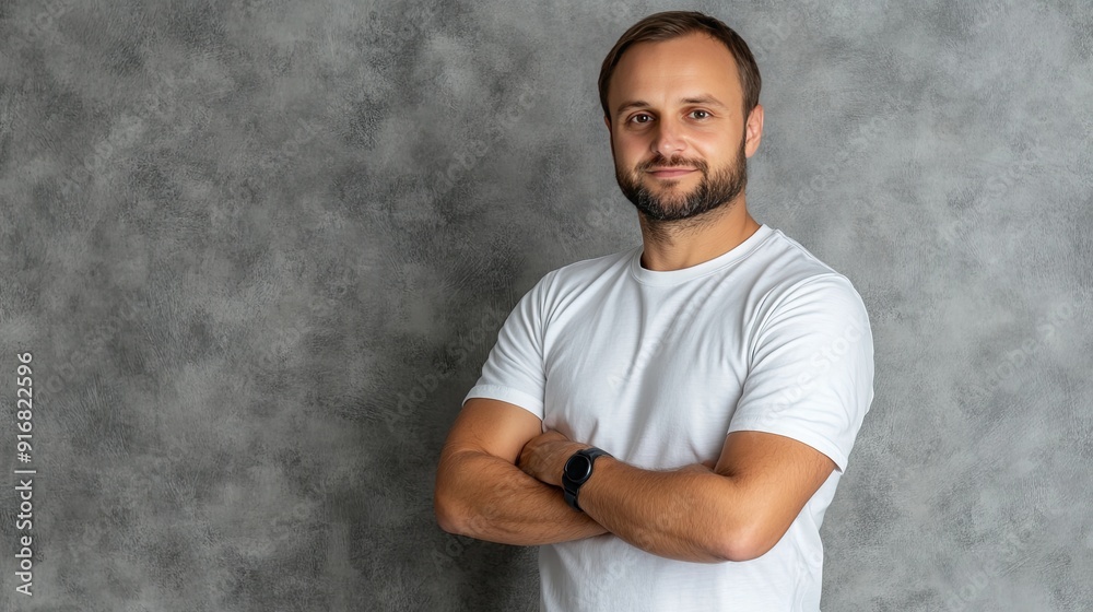 Attractive middle-aged Hispanic man smiles confidently with arms ...