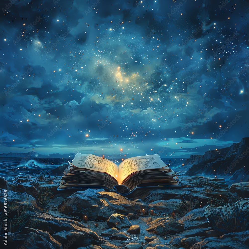 Enchanting digital painting of an open book under a starry sky, cosmic ...