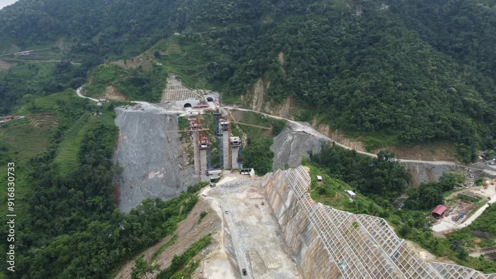 Aerial view of highway road construction in Nepal. Construction site ...