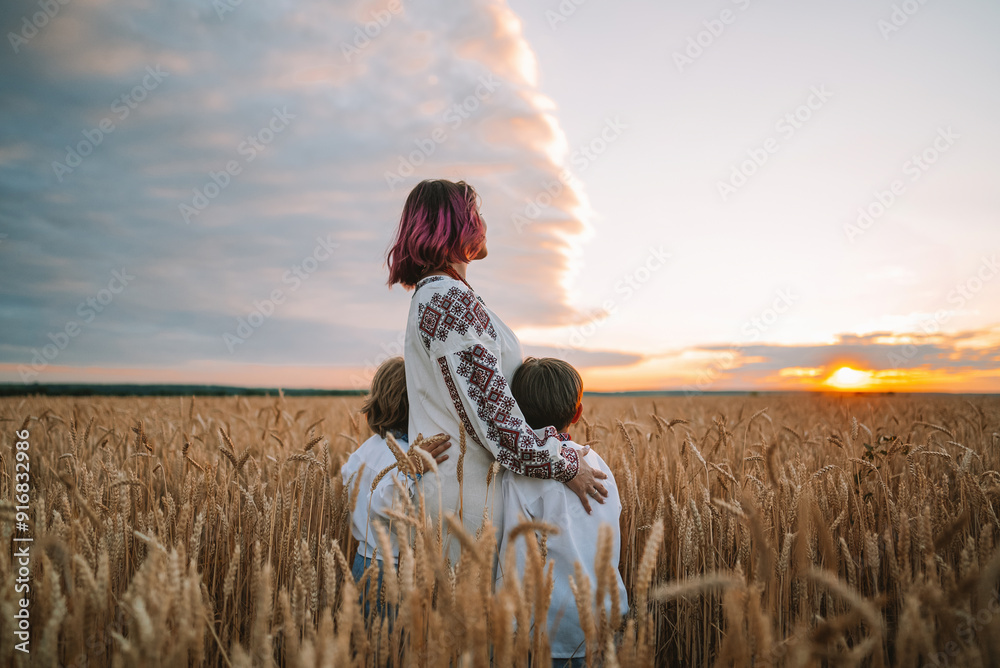 Little boys and mother stands together in wheat field at sunset ...