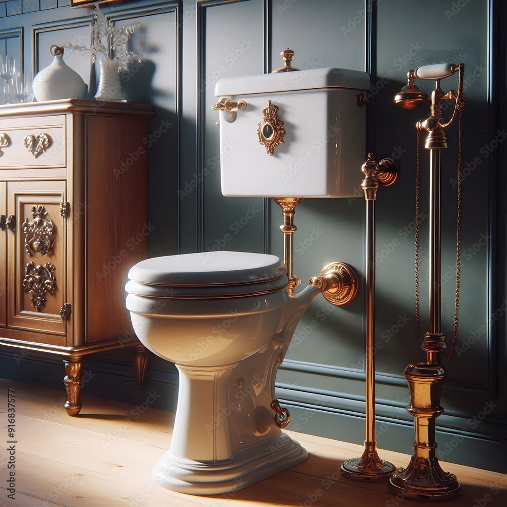 A vintage-inspired toilet with a high-level cistern and pull chain ...