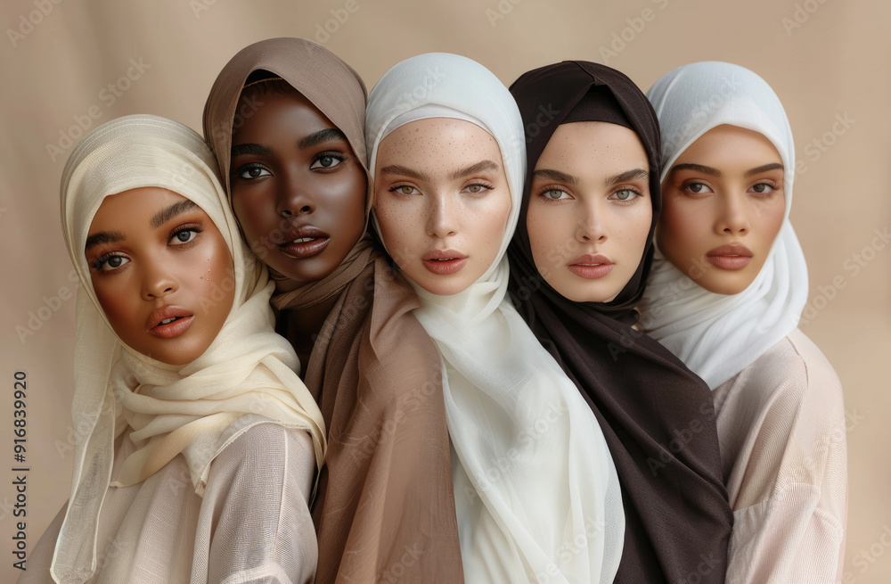 models of different ethnicities wearing hijabs in various colors, each ...
