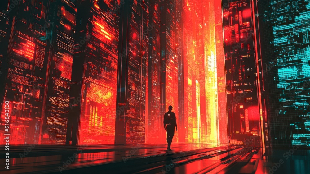 Cyber defense in a vast digital ocean. Pulsating screens and avatars ...