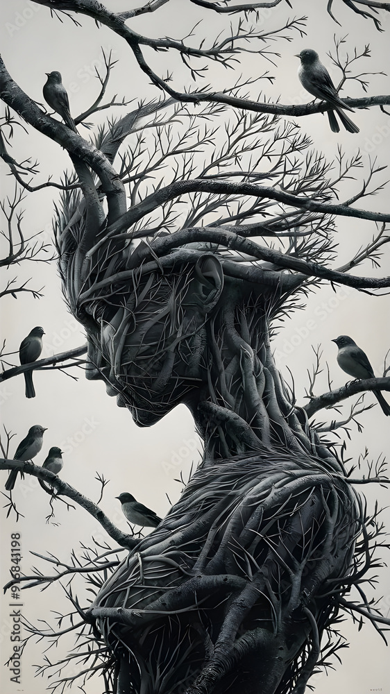 scary big old tree , tree of life in black and white, forest background ...