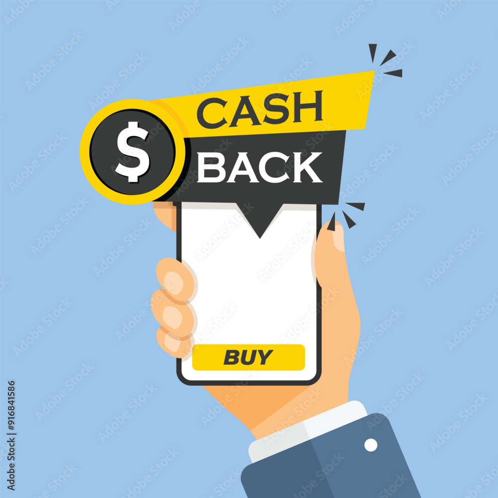 Cashback with smartphone in hand icon in flat style. Money back label ...