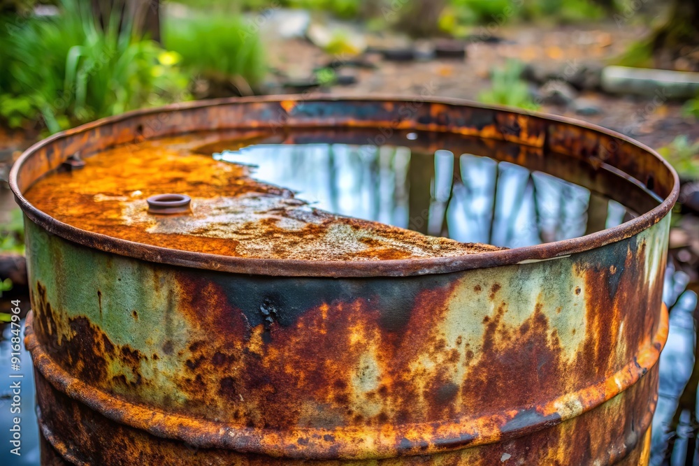 Poster Rusty steel barrel with corroded surface, water-soaked and damp ...