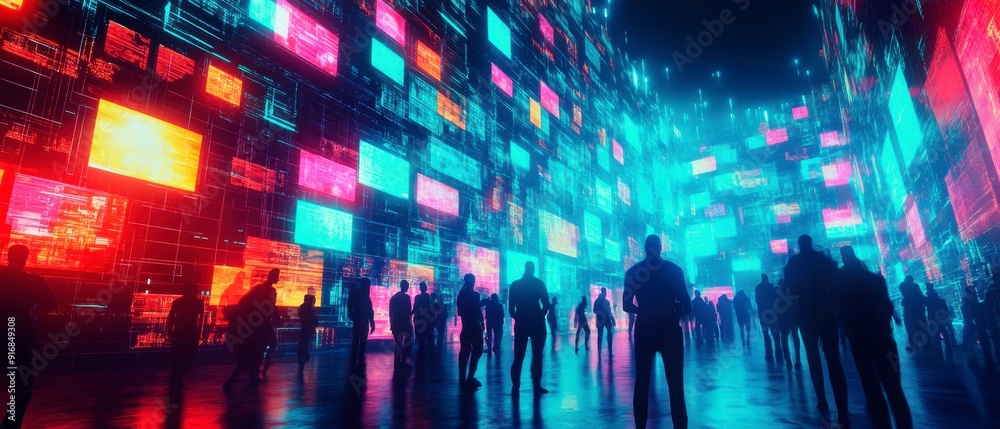 Cyber defense in a vast digital ocean. Pulsating screens and avatars ...