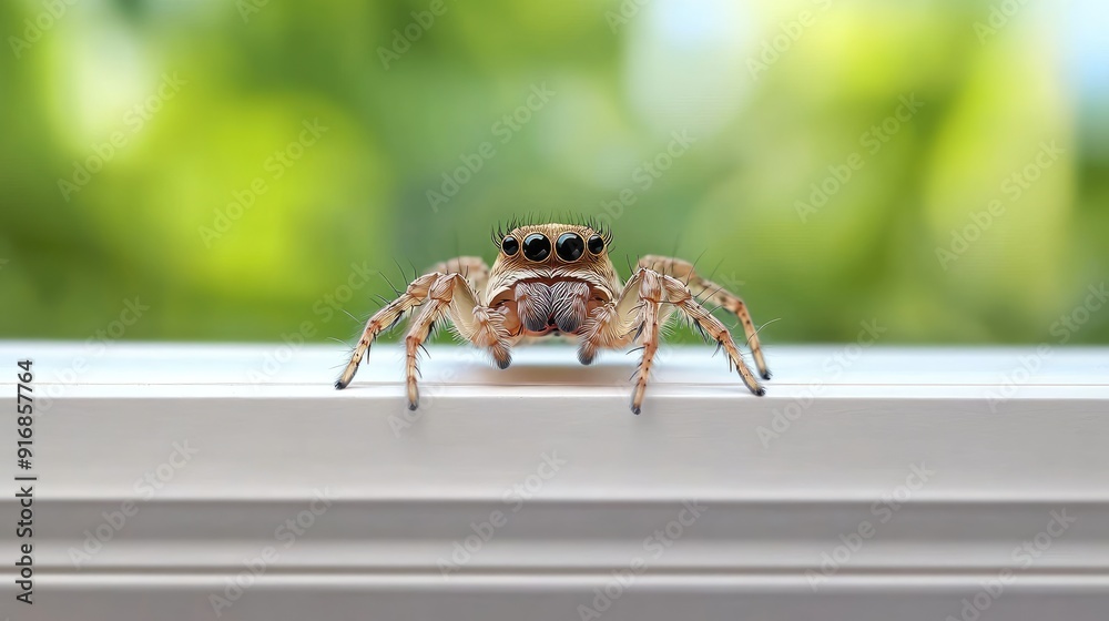 A small brown spider shows intricate details on a white metal window ...