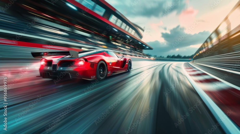 Race car speeding on track with motion blur to showcase dynamic ...